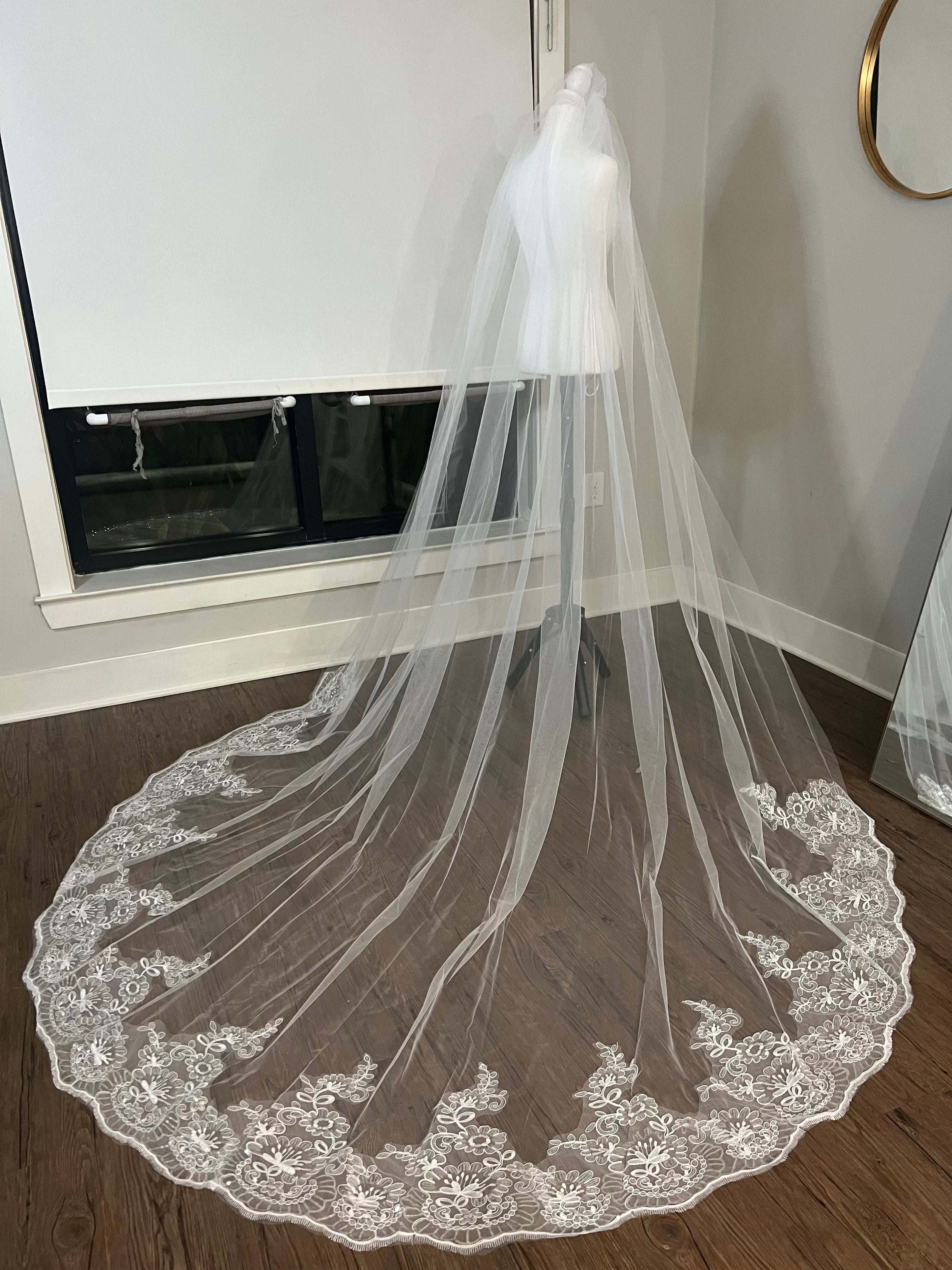 Regal Cathedral Length Bridal Veil with Lace Embroidered Trim and Sequ ...